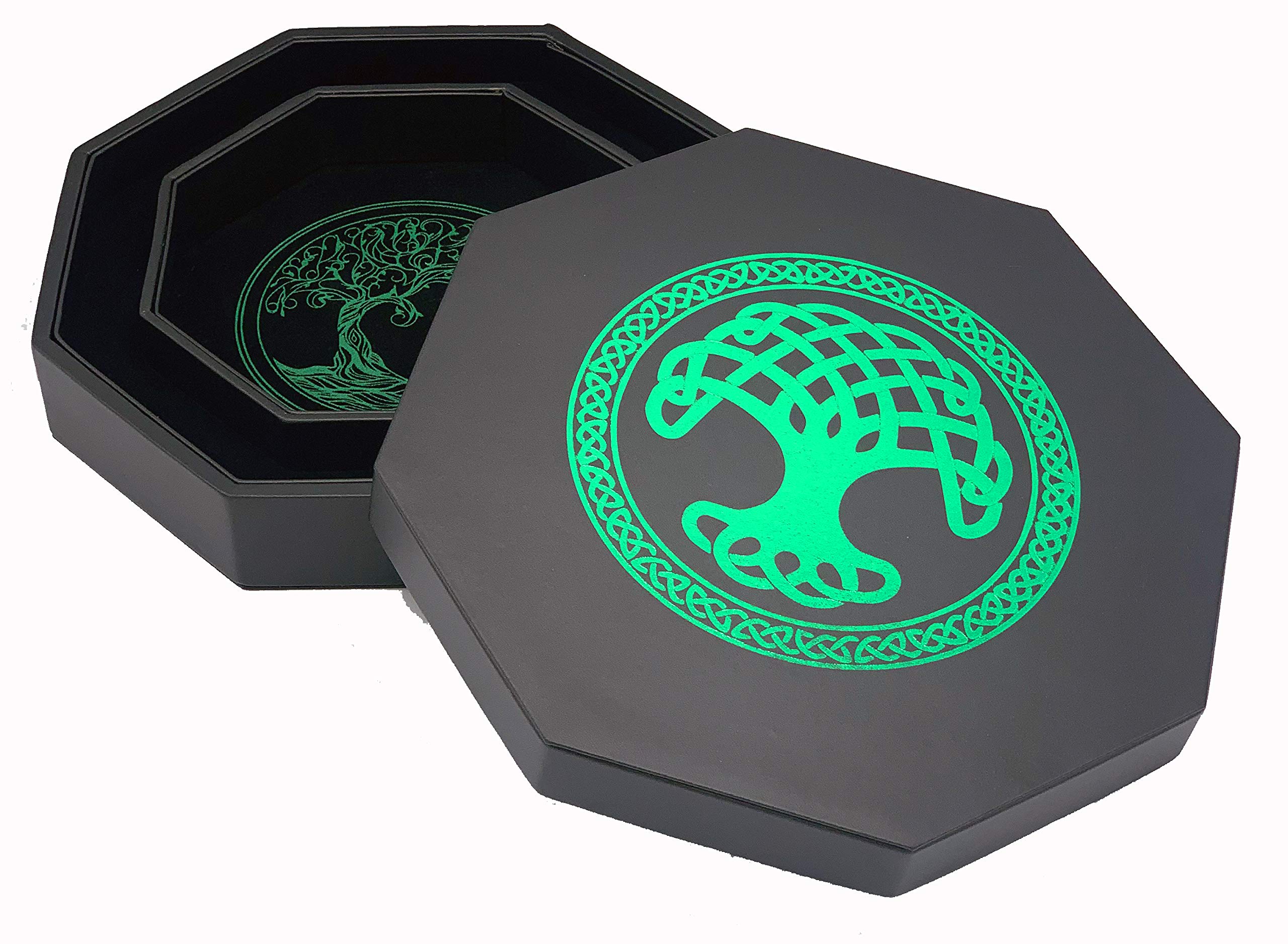 Luck Lab 8 Inch Dice Tray – Green - with Lid and Dice Staging Area for RPG Table Top Gaming- Tree of Life Design