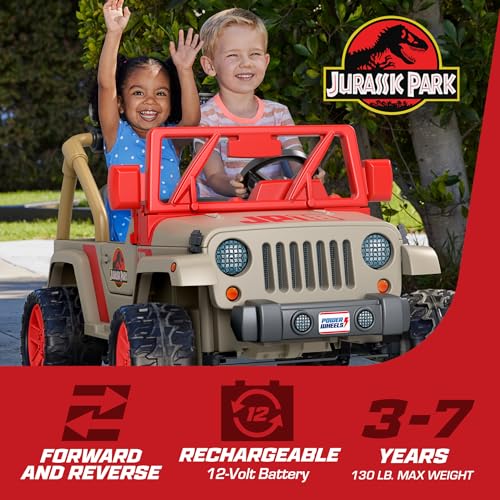 Power Wheels Jurassic Park Jeep Wrangler Ride-On Battery Powered Vehicle with Dinosaur Sounds & Lights for Preschool Kids Ages 3+ Years