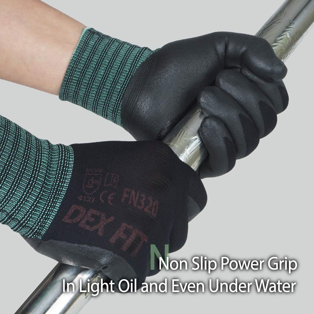 DEX FIT Premium Nylon Nitrile Work Gloves FN320, 1 Pair, 3D-Comfort Stretchy Fit, Firm Grip, Thin & Lightweight, Durable, Breathable & Cool, Machine Washable; Black 8 (M)