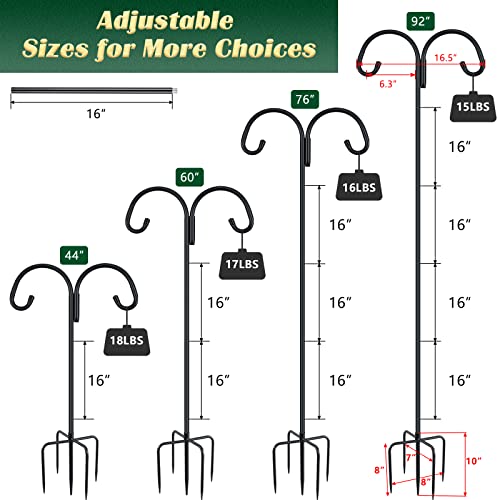Gtongoko 92 Inch 2 Pack Adjustable Double Shepherd Hook for Outdoor with 5 Prong Base, 5/8 Inch Thick Heavy Duty Bird Feeder Pole for Bird Feeder Lanterns Weddings Decor