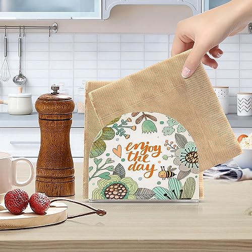 Napkin Holder, Clear Acrylic Paper Napkin Holders Flowers and Bees Enjoying The Day Tissue Box Dispenser Stand Tabletop Space Saver Upright Napkin Towel Holders for Kitchen Restaurant Home Decor