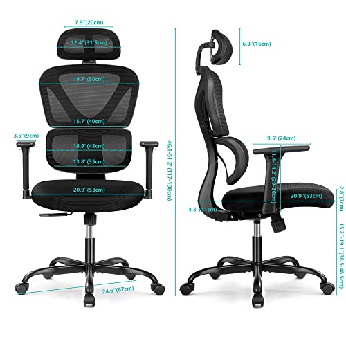 Ergonomic Office Chair, KERDOM Home Desk Chair, Comfy Breathable Mesh Task Chair, High Back Thick Cushion Computer Chair with Headrest and 3D Armrests, Adjustable Height Home Gaming Chair