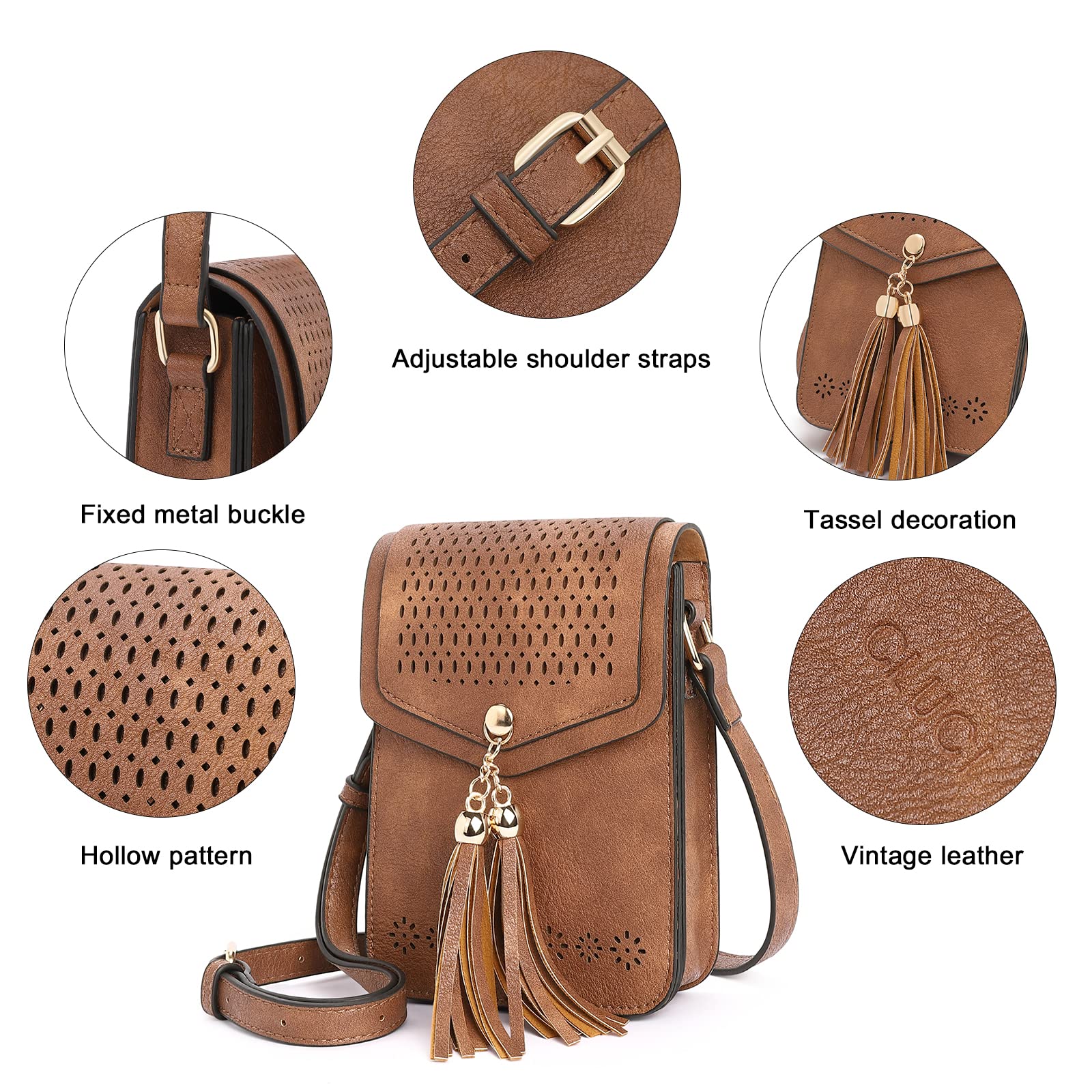 CLUCI Small Crossbody Bags for Women, Shoulder Bag with Tassel, Cell Phone Wallet Purse Brown
