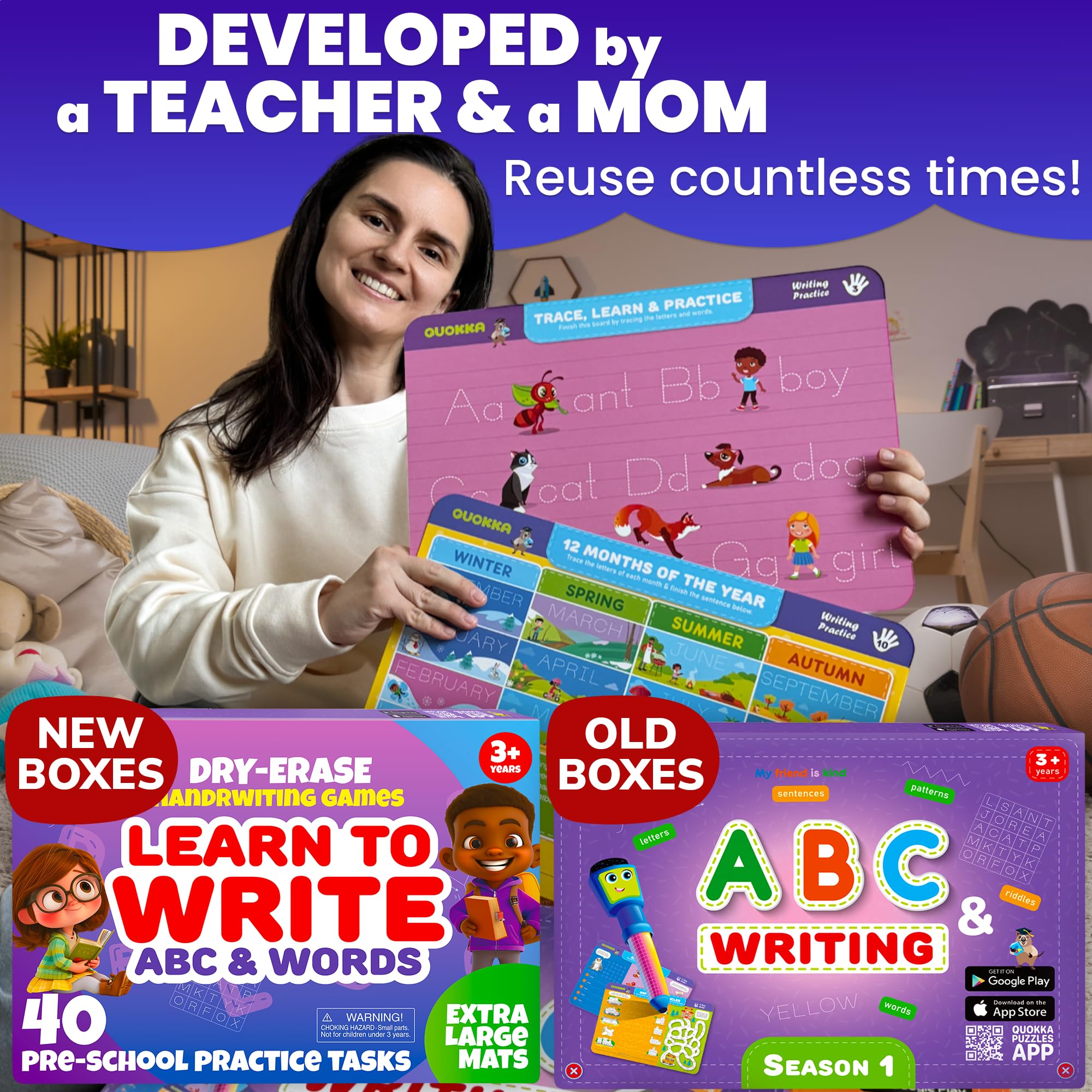 QUOKKA Busy Book Handwriting Practice for Kids - 2 Set - Learn to Write for Toddlers Age 3 4 5 - | 24 Tasks | 4 Dry Erase Markers | - Homeschool Preschool Learning Activities