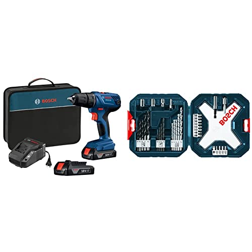 Bosch 18V Compact 1/2" Drill/Driver Kit with (2) 1.5 Ah Slim Pack Batteries GSR18V-190B22 and 34-Piece Drilling and Driving Mixed Set with Storage Case MS4034