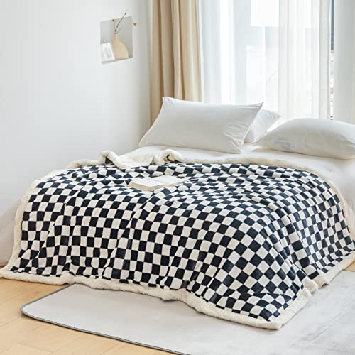 LOMAO Sherpa Throw Blanket Fleece Blanket with Checkered Pattern Soft Thick Blanket for Couch, Bed, Sofa Luxurious Warm and Cozy for All Seasons (Black, 51"x63")