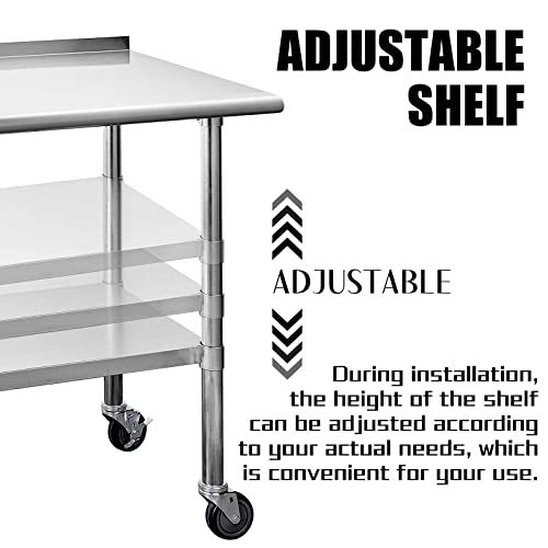 Stainless Steel Table for Prep & Work 24 x 60 Inches with Caster Wheels, NSF Commercial Heavy Duty Table with Undershelf and Backsplash for Restaurant, Home and Hotel