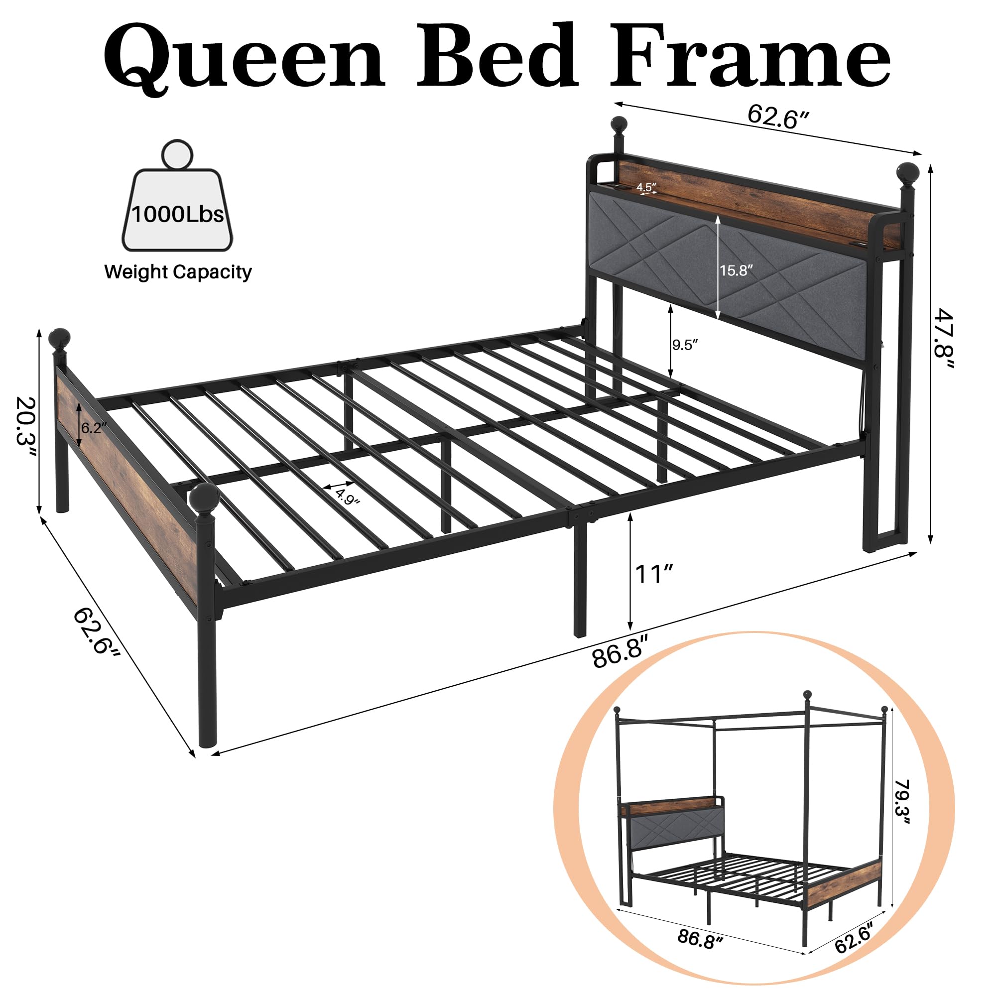 Bigbiglife Dual-Purpose Canopy Bed Frame, Bed Frame with Upholstered Headboard, Headboard with Storage Shelf and Charging Station, No Box Spring Needed, Queen Size