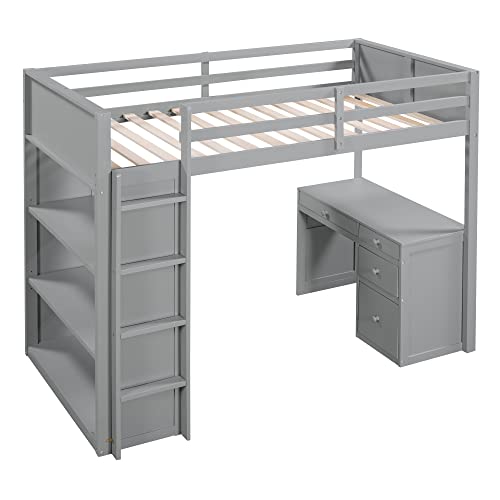 DEYOBED Twin Size Wooden Loft Bed Frame with Desk, Storage Drawers, Open Shelves, and Ladder - Maximizing Bedroom Space with Practical Furniture for Kids and Teens