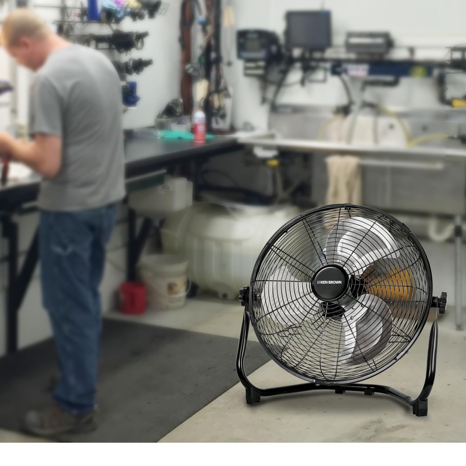 KEN BROWN 14 Inch High Velocity Floor Fan 3-Speed 360° Adjustable Tilting Powerful Airflow for Home,Residential Use, Black