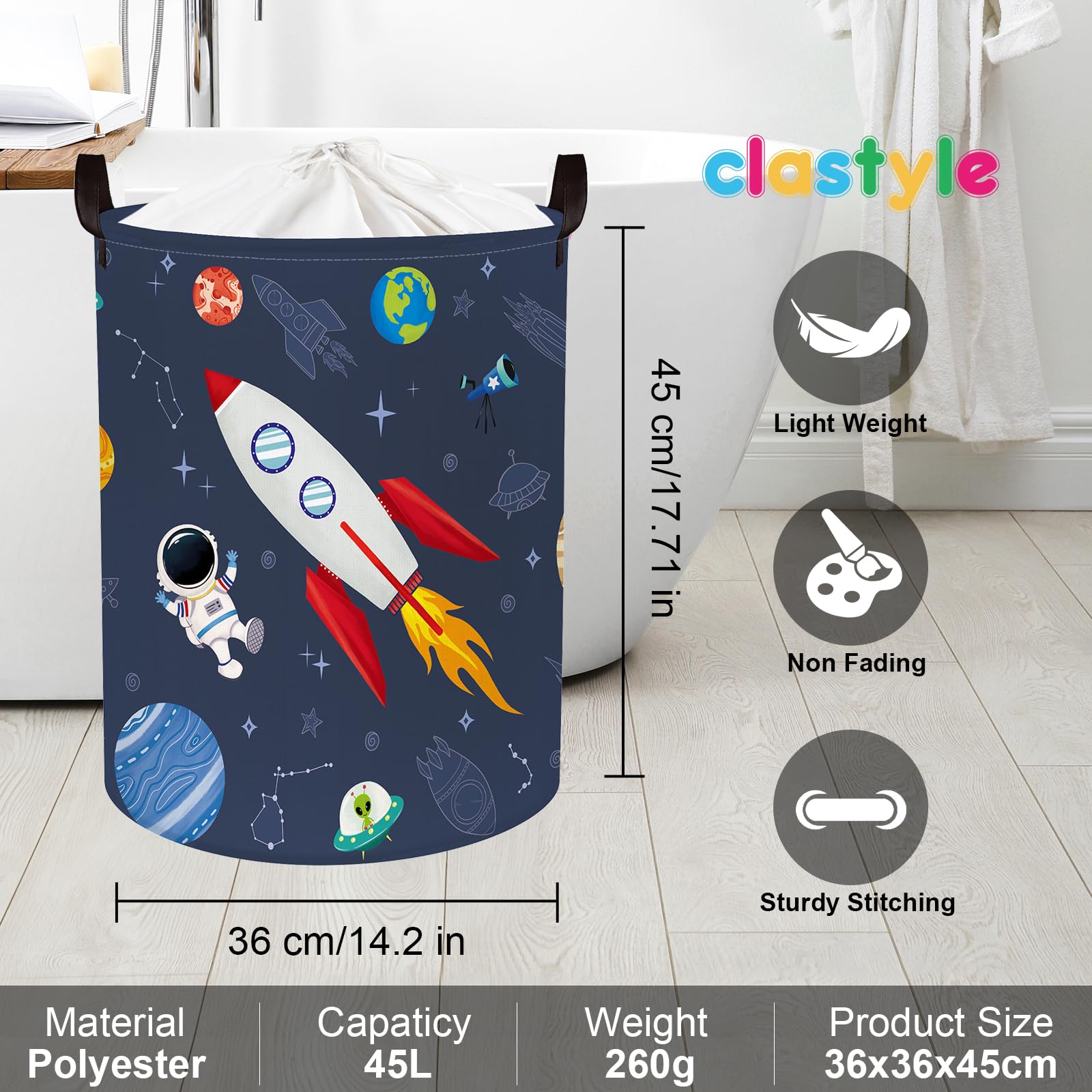 Clastyle 45L Rocket Astronaut Laundry Hamper for Bedroom Waterproof Collapsible Blue Universe Toys Storage Basket with Drawstring, 14.2 * 17.7 in