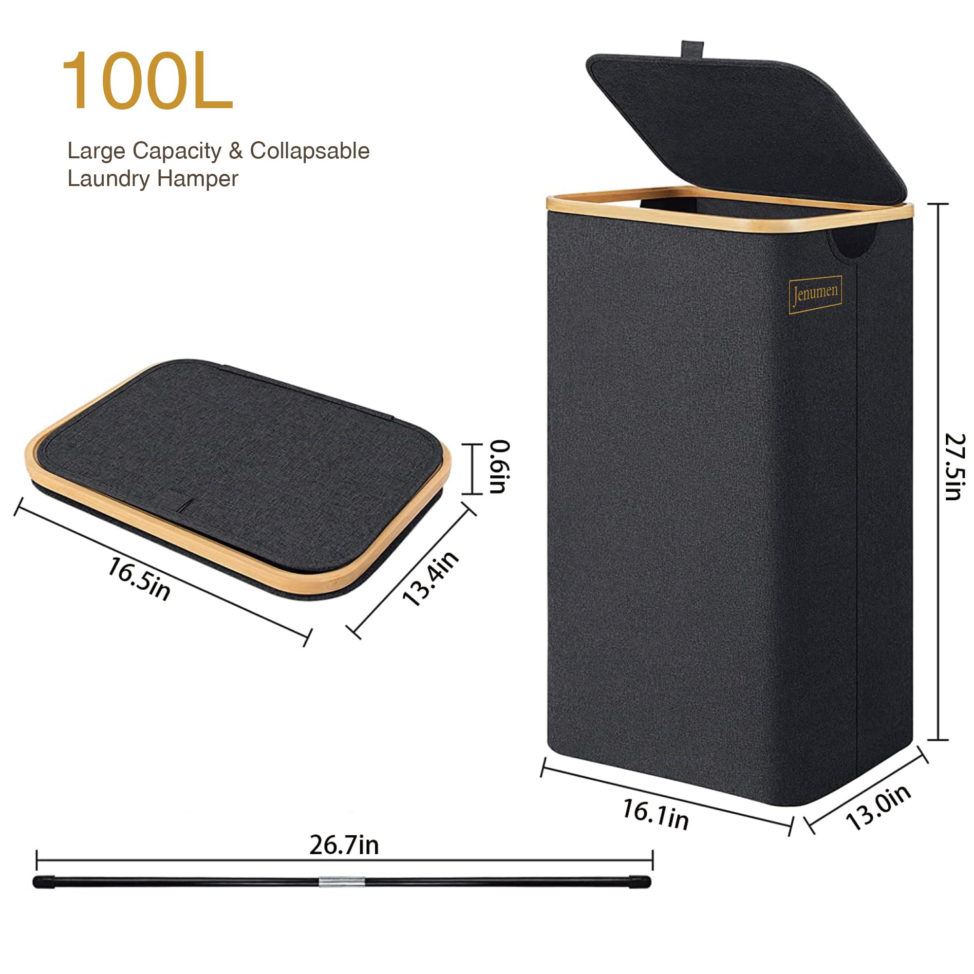 Jenumen 100L Large Black Laundry Hamper, XL Waterproof Laundry Basket with Handles and Lid for Clothes Storage in Bedroom Bathroom Laundry Bin