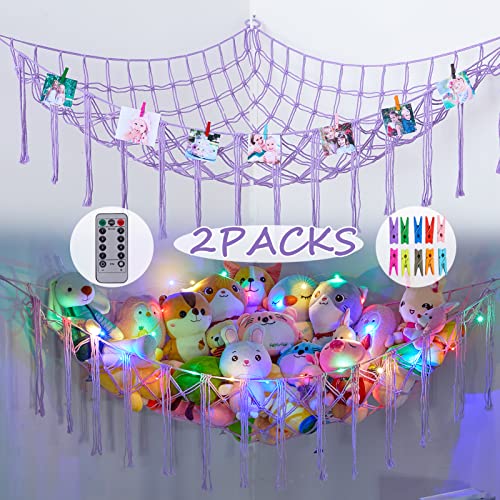 Unicorn Castle Stuffed Animals Hammock Net Toy Storage Organizer with LED Light, 2 Pack Hanging Stuffed Animals Storage Holder Corner Toy Storage for Nursery Kids Room Playroom Bedroom