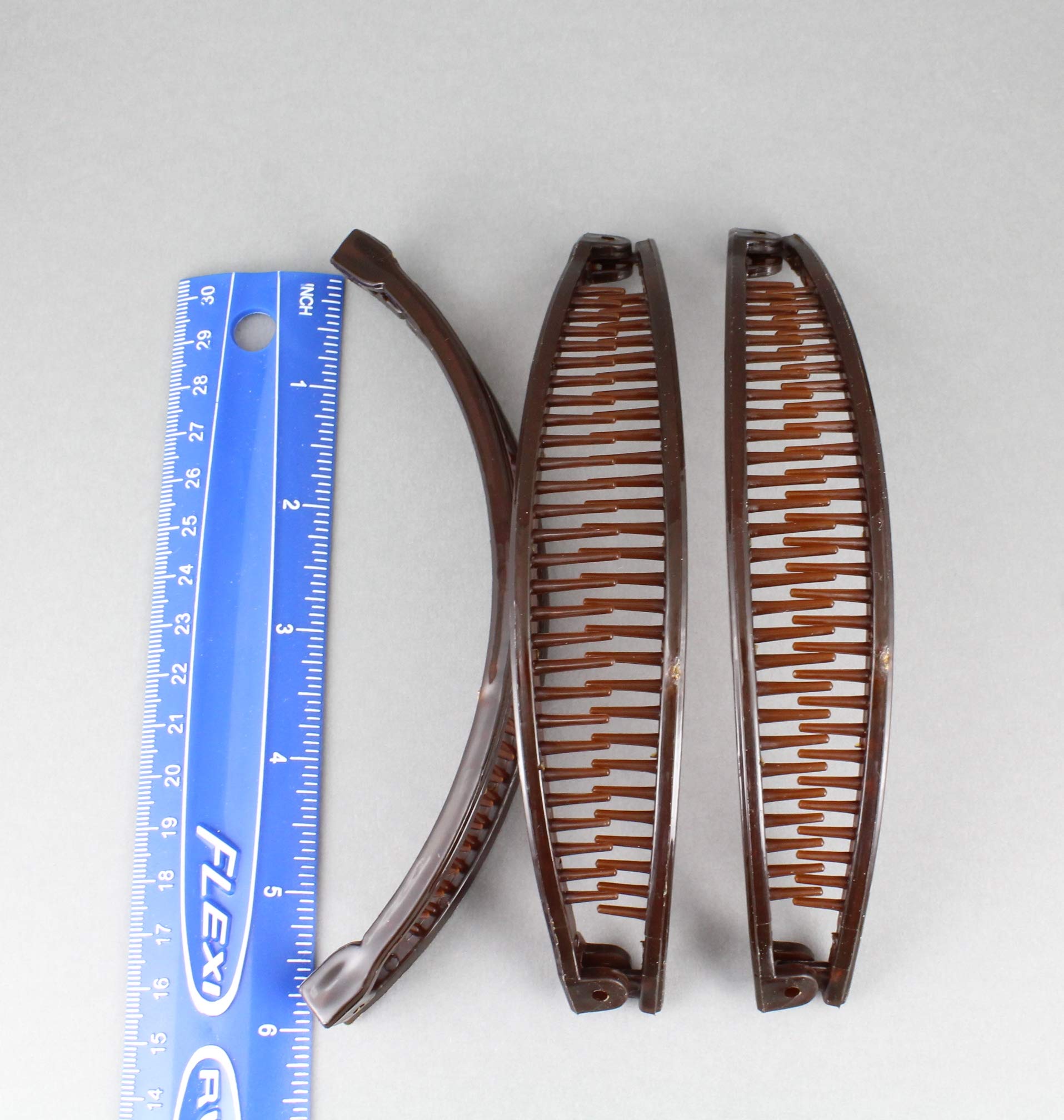 Brown set pack 3 banana hair clips comb claw teeth plastic 7inch long around the curve 80s style 5.5 inch straight line
