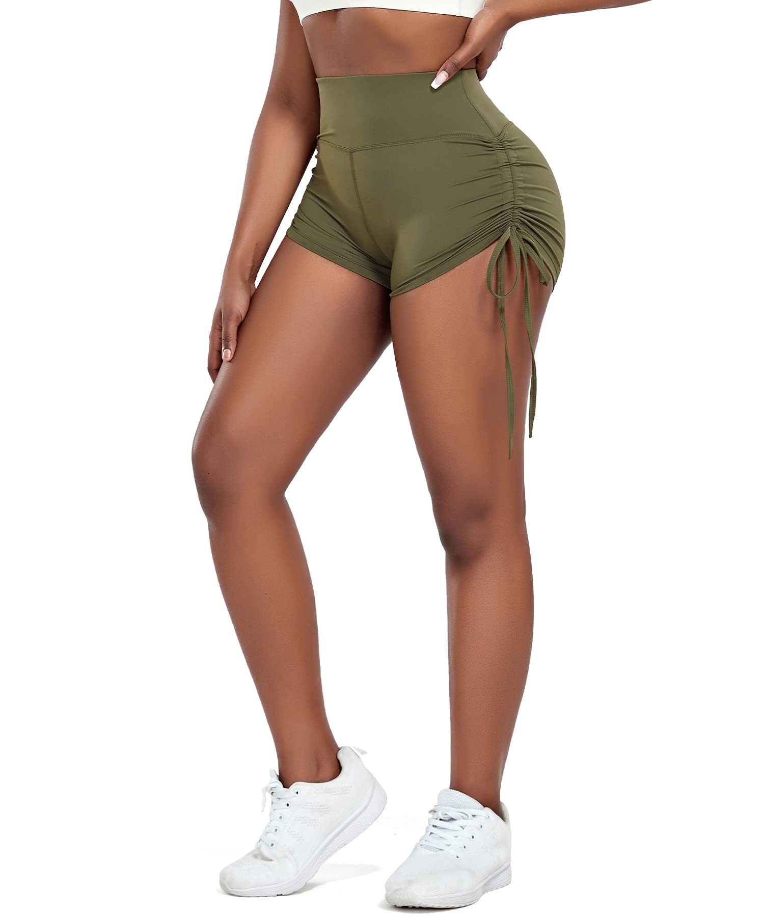 COLO Women's High Waisted Butt Lifting Shorts Workout Yoga Tummy Control Ruched Booty Lift Drawstring Shorts Running Shorts Green S