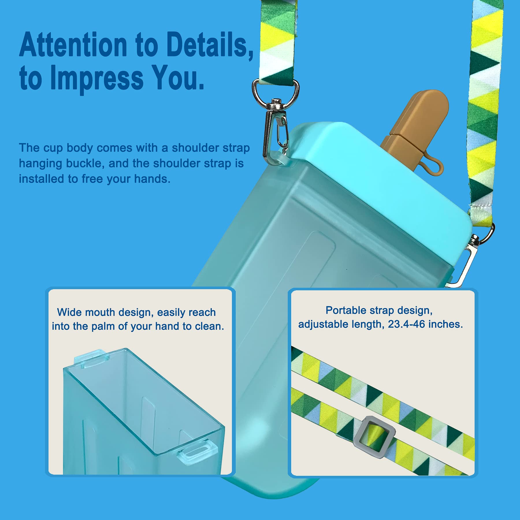 Cute Water Bottle with Straw, 300 ML Creative Ice Cream Popsicle Cups with Adjustable Shoulder Strap for School Girls Kids, Kawaii Flat Portable Leak proof Drinking Bottles for Camping Travel - Blue