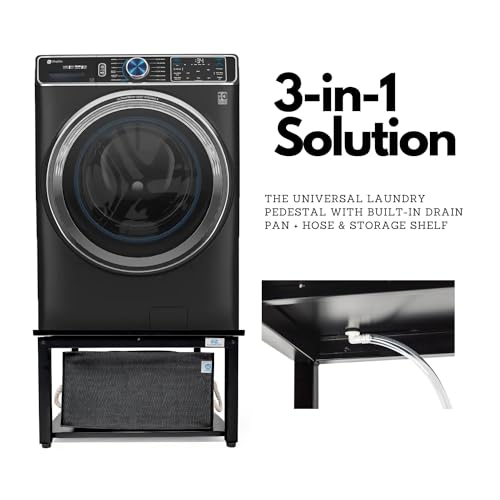 EZ Laundry | Upgraded 29β Universal Pedestal β 700lbs Capacity, Raises 16β with Built-in Drain Pan + Hose, Adjustable Feet, Anti-Vibration, Steel & Storage Shelf for Washer & Dryer (Black)
