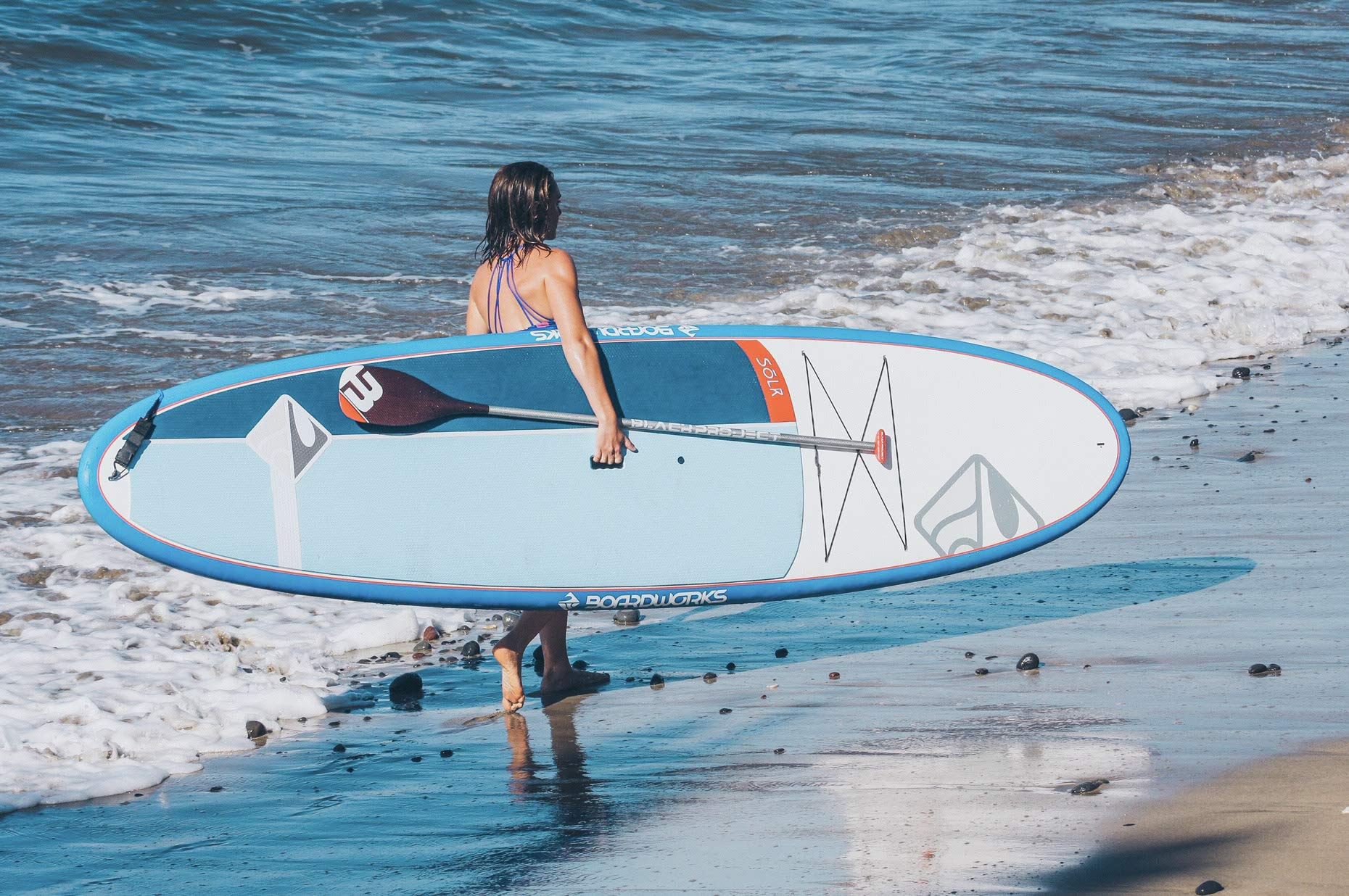 Boardworks Sōlr | Recreational Stand Up Paddleboard | X-Shot Epoxy Hardboard with Paddle | 10' 6",Blue/White/Grey