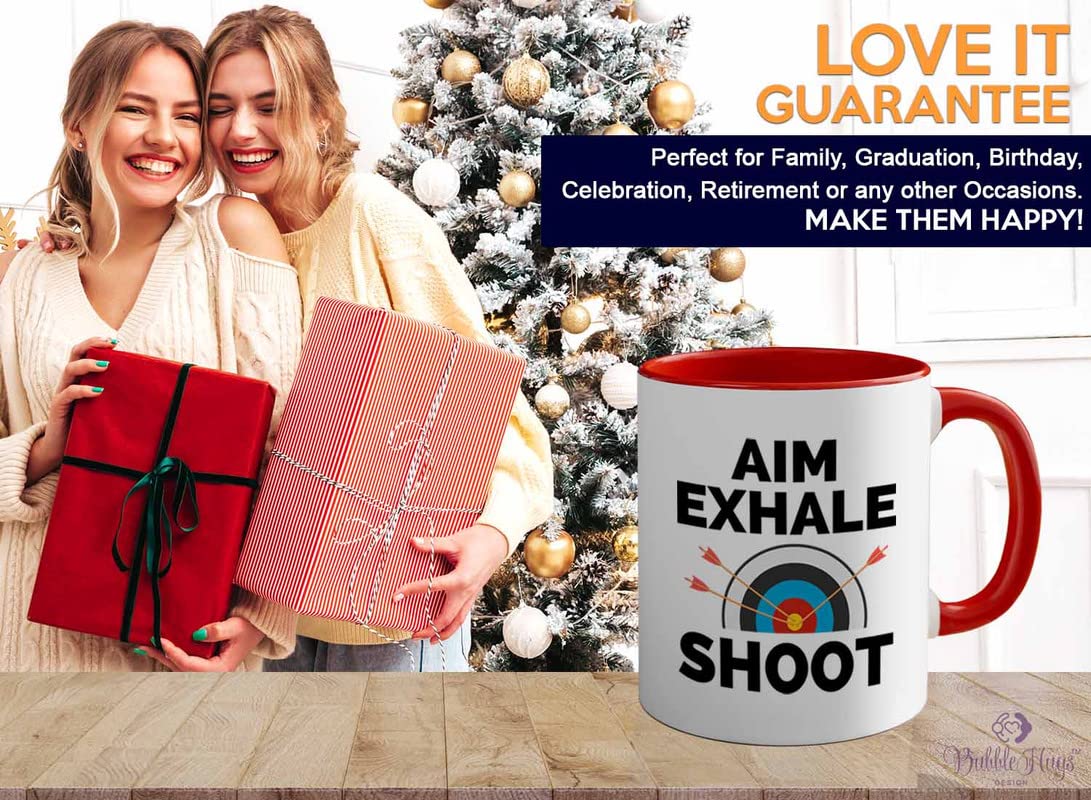 Bubble Hugs Archery 2Tone Red Mug 11oz - Aim Exhale shoot - Archery Trainer Bowfishing Deer Shooting Target Shot