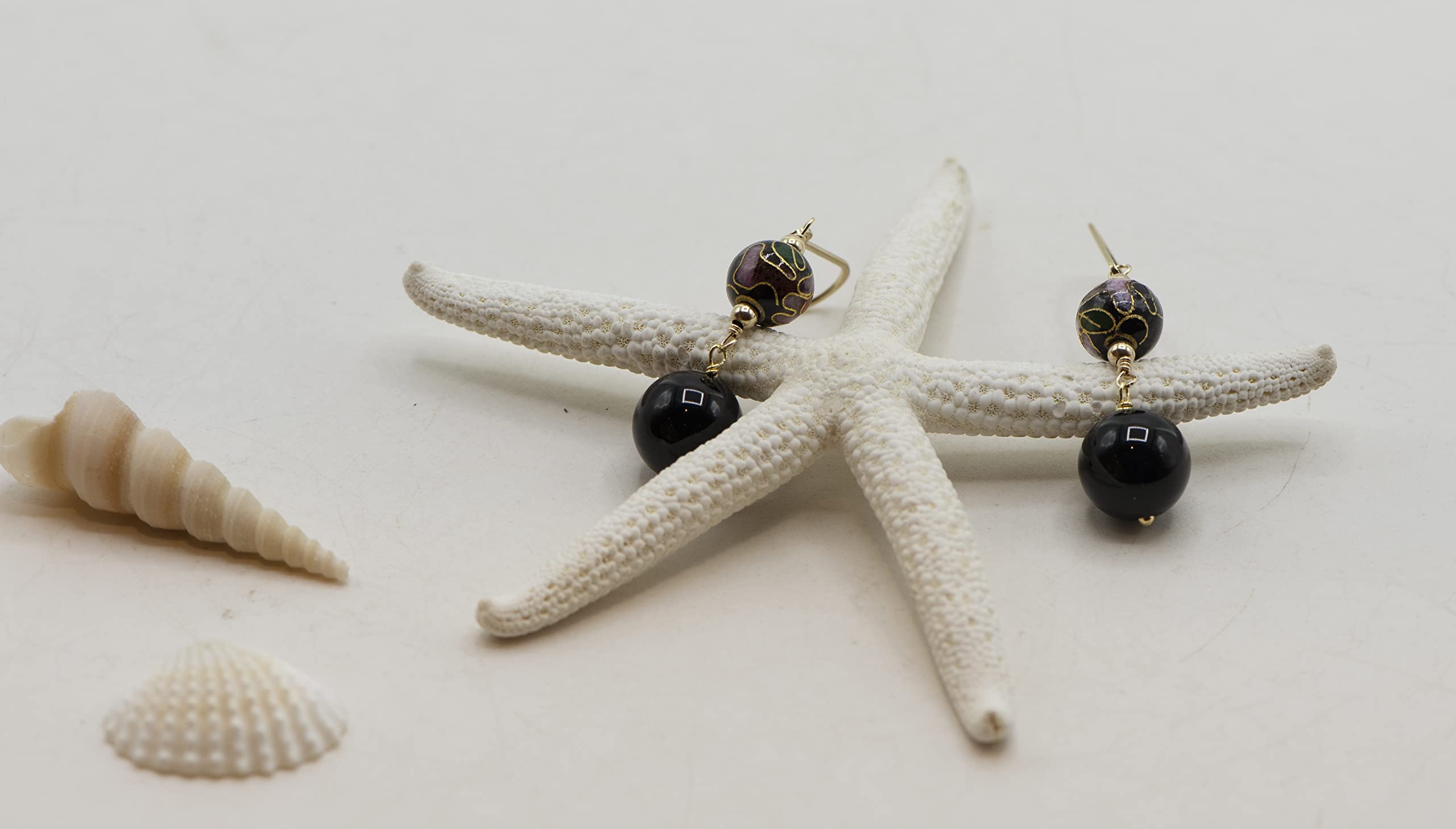 Black Agate and Cloisonné Lever-back Drop Earrings