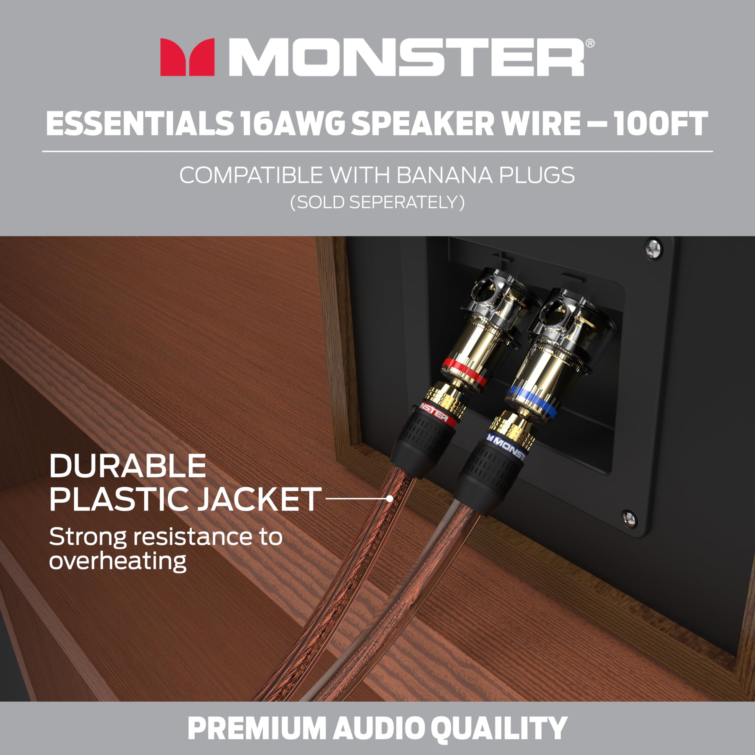 Monster Essentials High Performance Speaker Wire 16 Gauge Copper Clad Aluminum (CCA) Speaker Cable 100 FT Spool β Ideal Home Cinema Speaker Wire Cable and Car Audio Speaker Cables/Speaker Wires