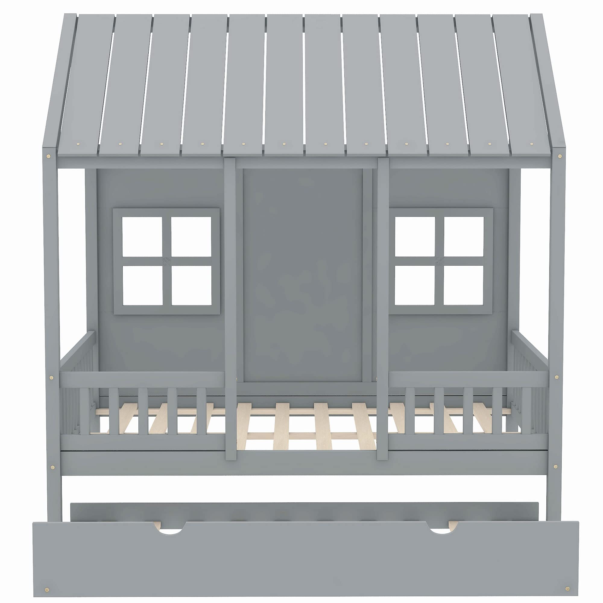 Harper & Bright Designs Full House Bed with Trundle, Wood Kids Trunlde Bed Full with Rails,Windows and Roof,Full Bed Frames with Trundle Playhouse Bed Frame for Girls Boys (Full,Grey)