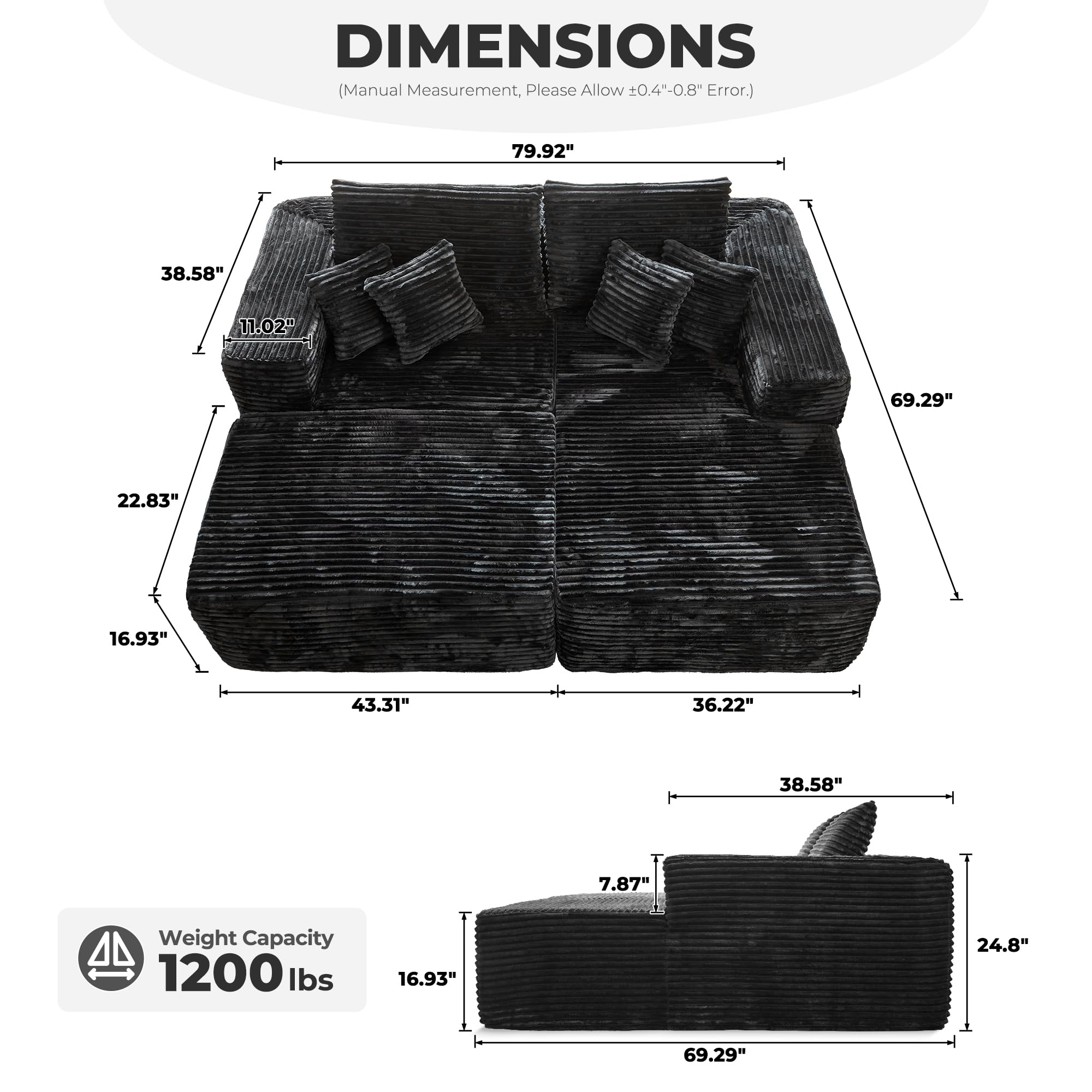 CAODOC Modular Sectional Sofa Bed,79"x 69" No Assembly Required Lounge Chaise Chair,Cloud Plush Modern Sleeper Loveseat for Living Room Bedroom(Right Facing Chaise,Black)
