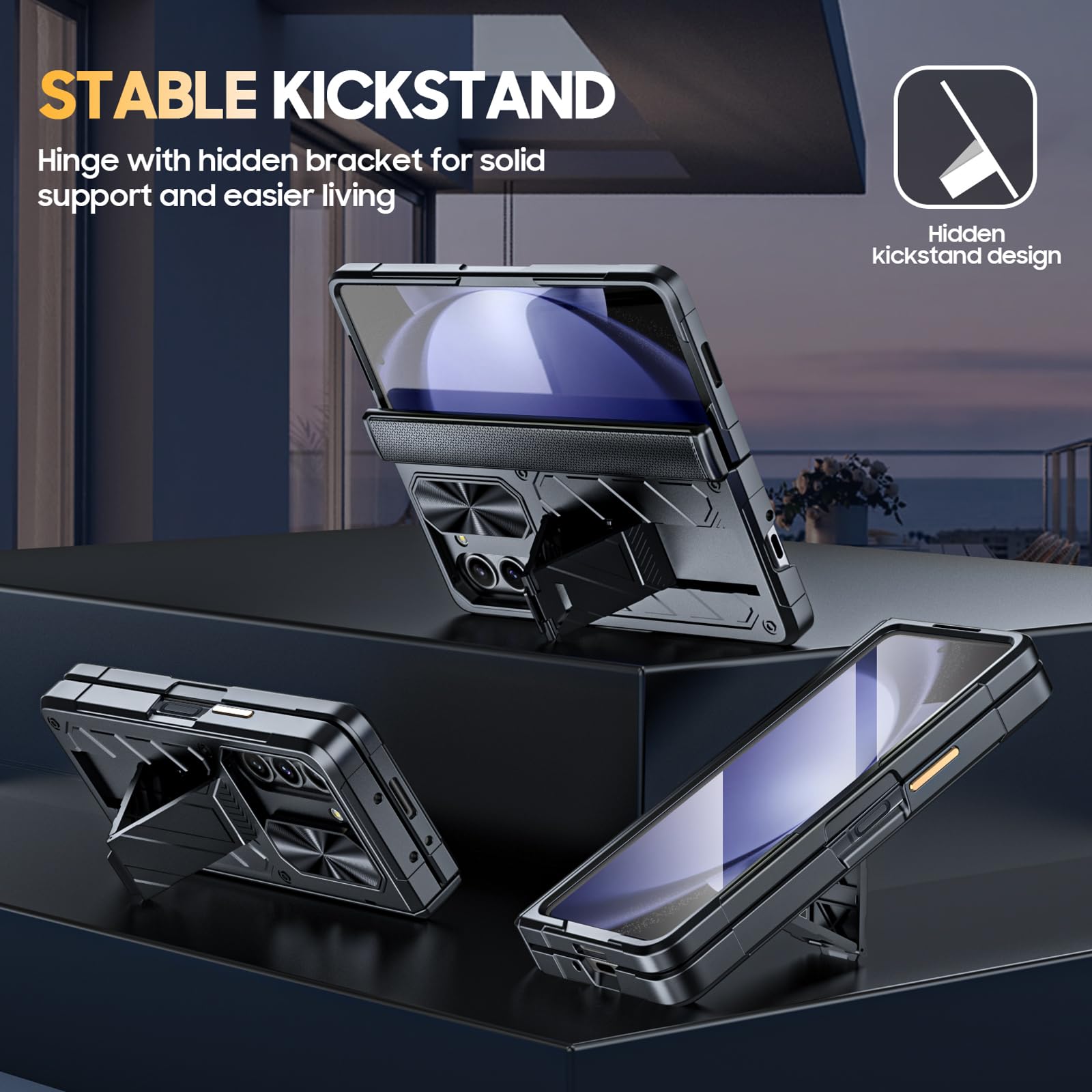 BSNRM Samsung Galaxy Z Fold 5 Case with Hinge Protection, Sliding Camera Lens Cover& Screen Protector& Kickstand Full Body Cover Rugged Shockproof Protective Case for Galaxy Z Fold 5 Black