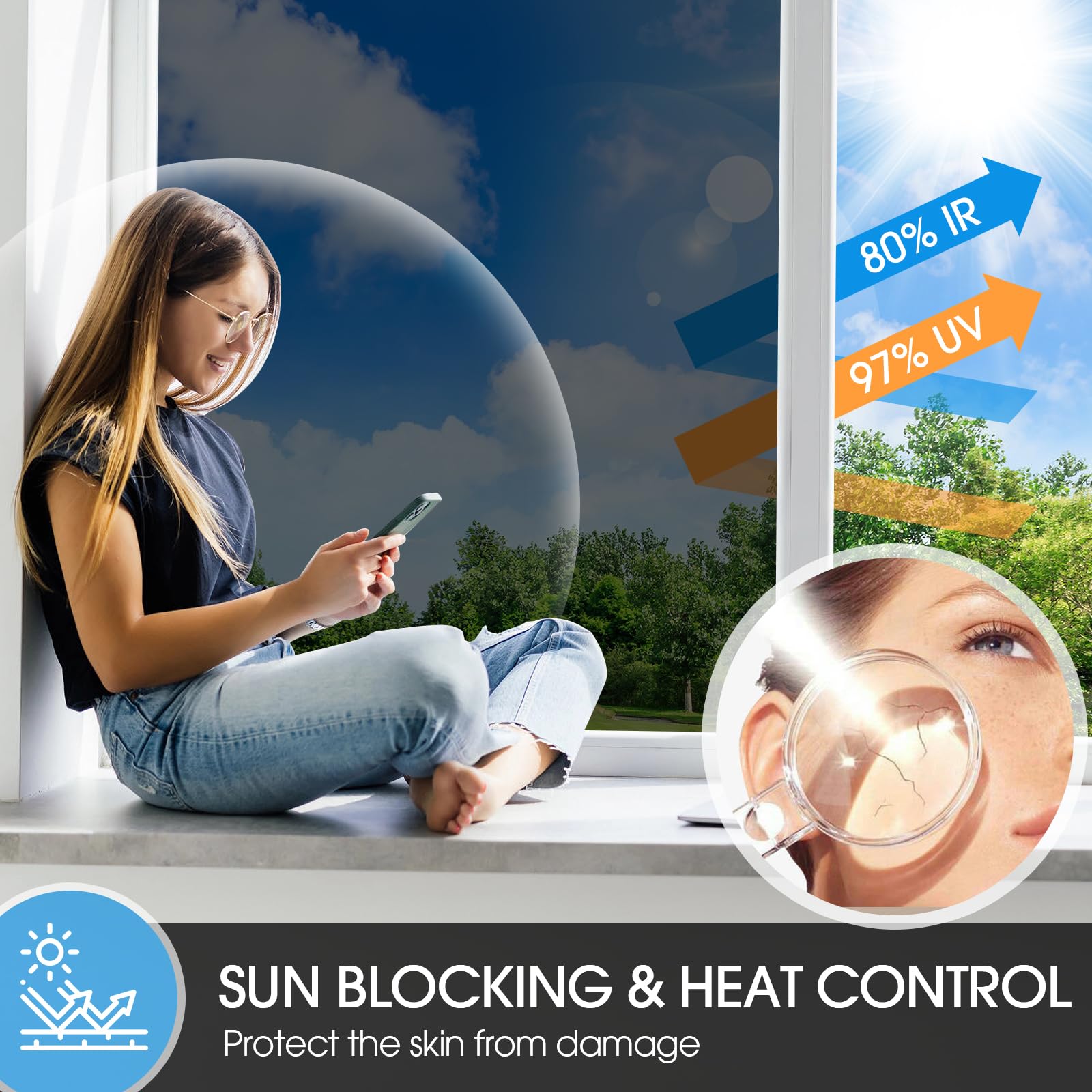 bofeifs Window Tint for Home One Way Privacy Window Film Sun Blocking Reflective Removable Window Clings for Glass Windows See Out Not in Uv Heat Blocker Peel and Stick Mirror Summer House Window Tint