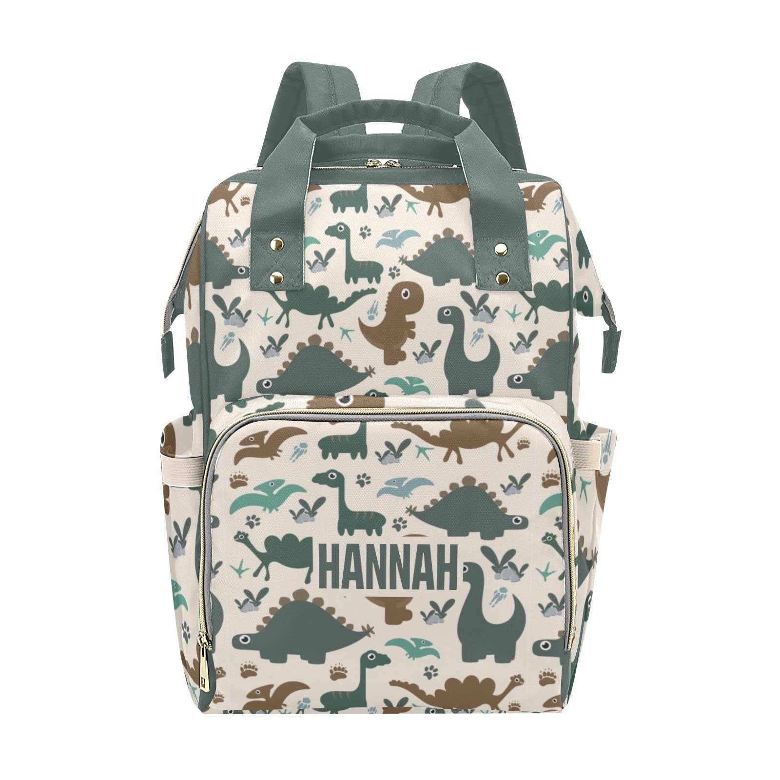 CustomLife Green Dinosaur Multi-Function Personalized Diaper Bag Backpack Tote with Name Travel Shoulder Casual Daypack Waterproof, 18.1''(H) x 10.83''(L) x 6.69''(W)