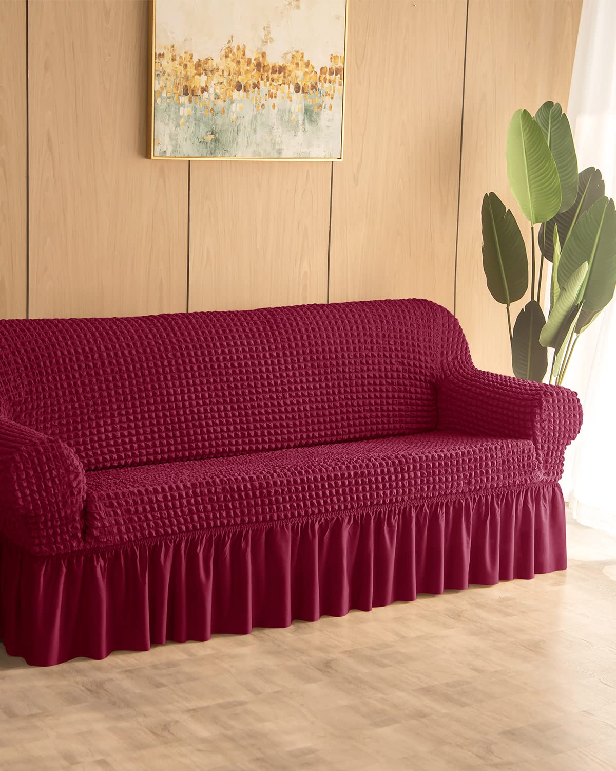 BLUESURGE Sofa Slipcover 1 Piece for 3 Cushion Couch Cover with Skirt, Durable Washable High Elastic Stretchable, Easy Fit Universal Furniture Protector (3 Seater, Maroon)