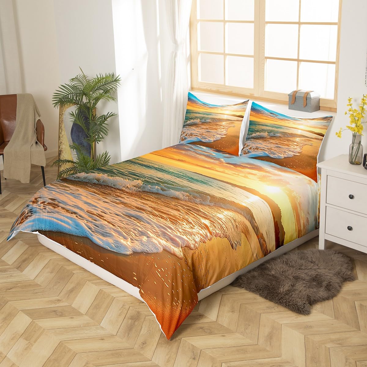 Feelyou Hawaiian Beach Bedding Set King Size Kids Sea Printed Comforter Cover Set for Boys Girls Teens Summer Holiday Vacation Duvet Cover Nature Pattern Bedspread Cover(No Comforter