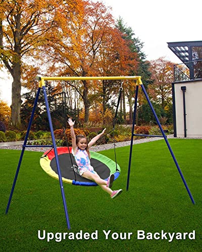 Hishine Swing Stand Heavy Duty Swing Frame Full Steel Metal Frame Swing Set for Backyard, Blue&Yellow (Swing NOT Included)