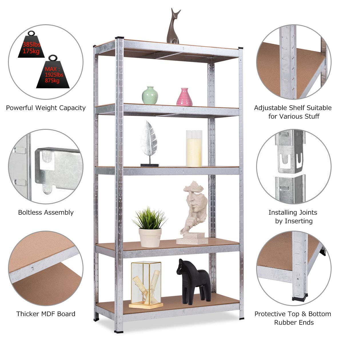 Giantex 2 Pieces Shelving Rack Storage Shelf Steel Garage Utility Rack 5-Shelf Adjustable Shelves Heavy Duty Display Stand for Books, Kitchenware, Tools Bolt-Free Assembly 36"x 16"x 72'', Silver