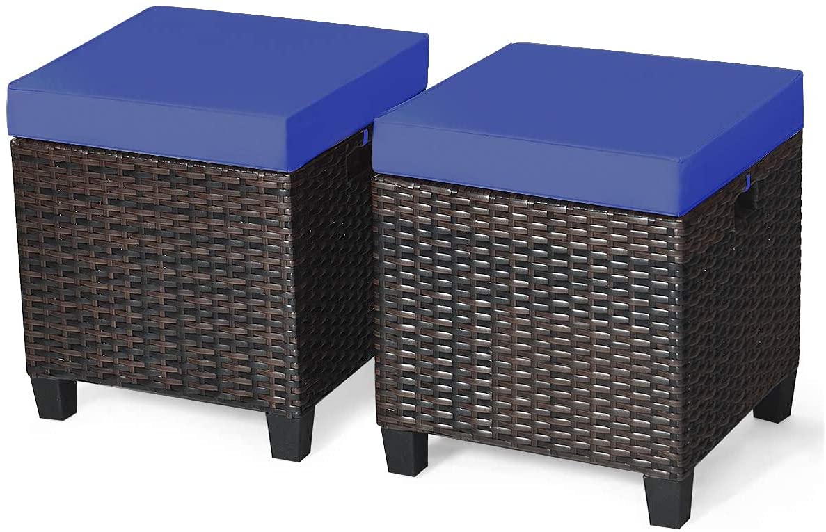 Giantex 2-Piece Rattan Patio Ottoman, All Weather Wicker Ottoman w/Removable Cushion & Steel Frame, Outdoor Footstool Footrest Furniture (Navy Blue)