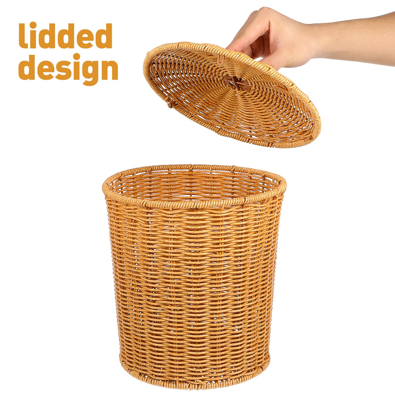 DEARMAMY Rattan Waste Basket Wicker Trash Can with Lid Round Trash Bin Woven Storage Basket Clothes Container Laundry Hamper for Bedroom Living Room Bathroom Chocolate