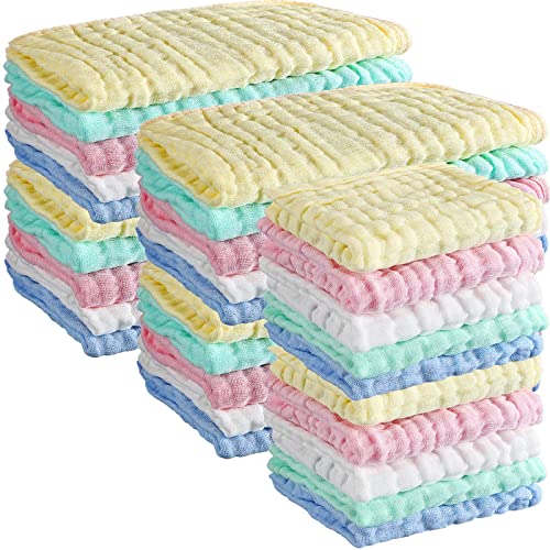 Kenning 30 Pcs Muslin Burp Cloths Cotton Hand Washcloths 2 Sizes 6 Layers Soft Absorbent Burping Cloths for Babies Burp Rags Diapers Bibs Newborn Baby Wipes for Boys Girls, 5 Colors