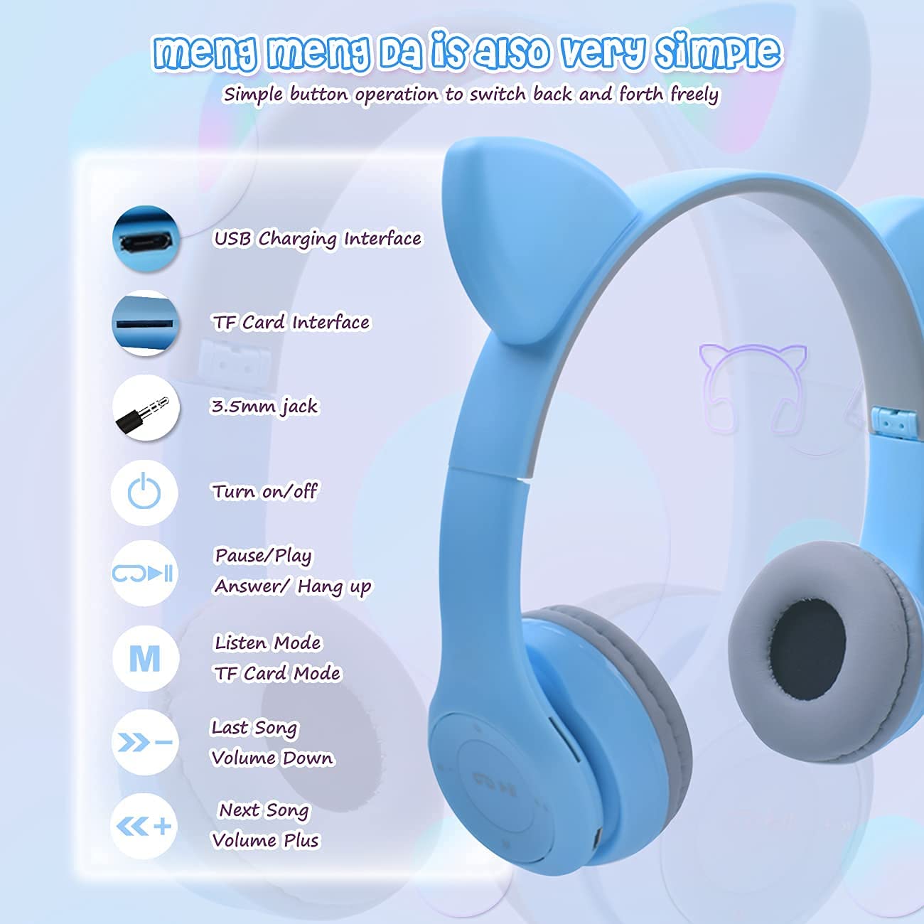 Bluetooth Cat Ear Kids Headphones with Mic, arVin Wireless/Wired Foldable Over-Ear Headset with Led Light UP & 85db Volume Limited for School, Online Learning, Boys, Girls, Children, Tablet, iPad & PC