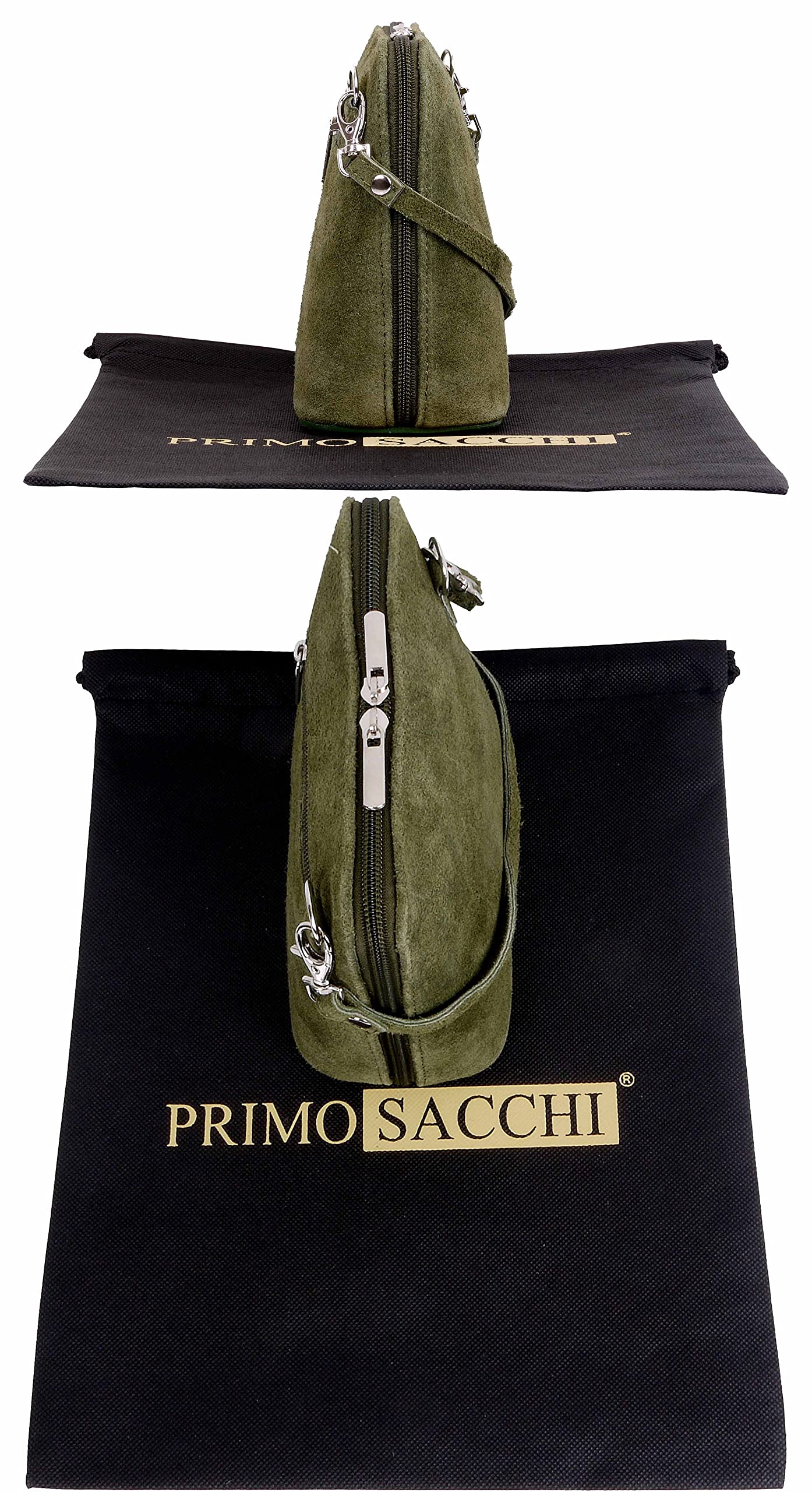 PRIMO SACCHI Ladies Italian Suede Leather Small Micro Olive Green Crossbody Shoulder Bag Handbag Purse