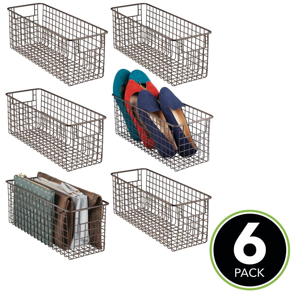 mDesign Household Metal Wire Narow Storage Organizer Bin Basket Holder with Handles - for Closets, Entryways, Mudrooms, Kitchen Pantry, Under Sink Cabinets, Bathrooms - 16" x 5" x 6" - 6 Pack - Bronze