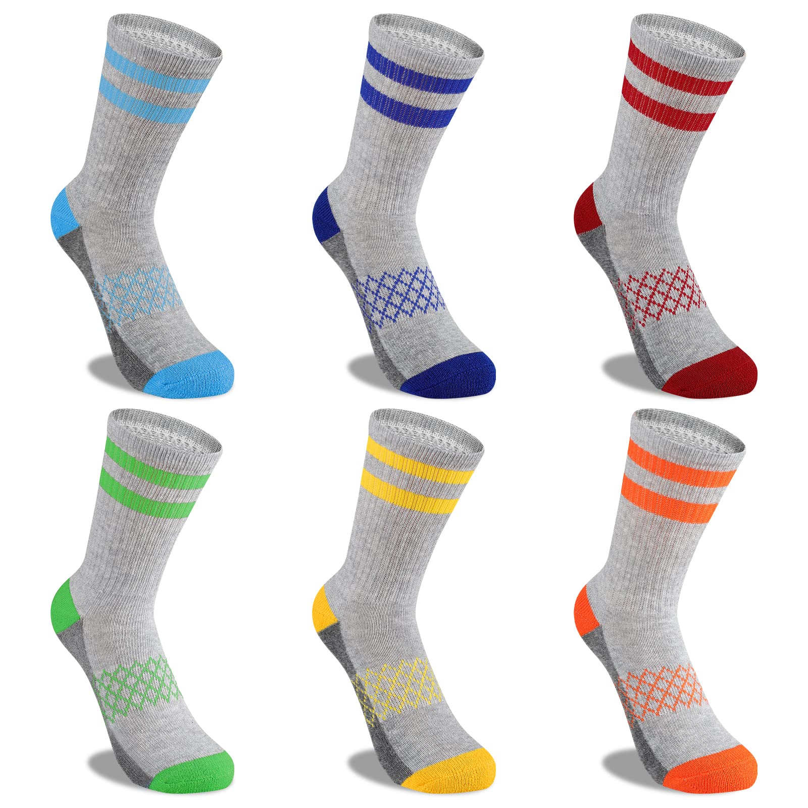 Comfoex Boys Crew Socks 8-10 6-8 4-6 Years Old Athletic Long Cotton Socks For Kids Half Cushioned Calf Socks 6 Pairs