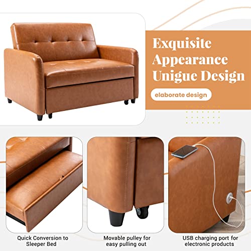 Gynsseh Sleeper Loveseat Pull Out Bed, 3-in-1 Convertible Sleeper Sofa Bed with Dual USB Ports, Faux Leather Adjustable Pull Out Loveseat Sleeper for Living Room Bedroom S2-brown