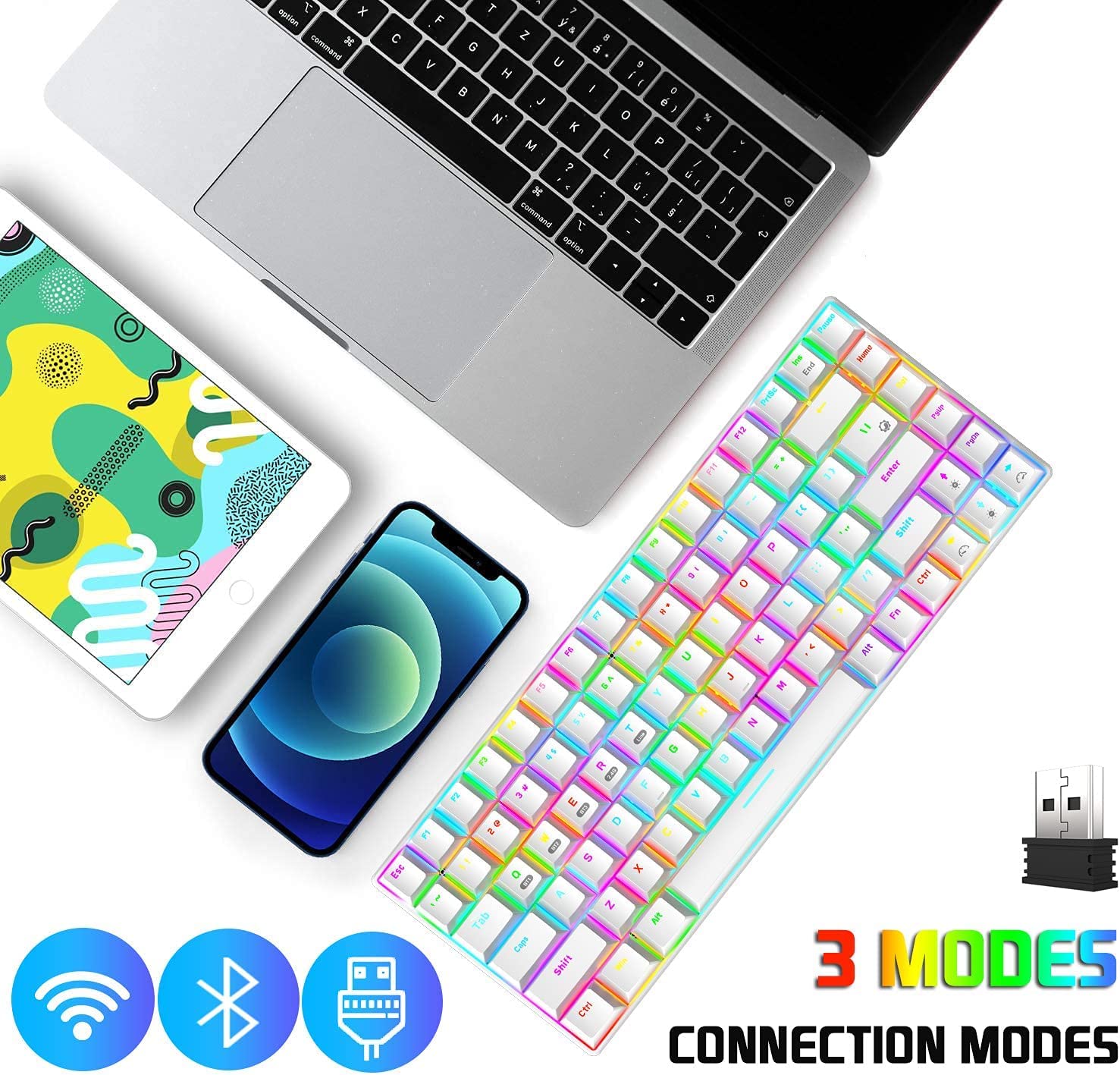 Bluetooth Mechanical Gaming Keyboard,Rainbow LED Backlit Bluetooth 5.0/Wireless 2.4G/Wired 84 Keys Mini Keyboard with Rechargeable 3000mAh Battery Brown Switches Type-C USB Receiver for PC Gamers