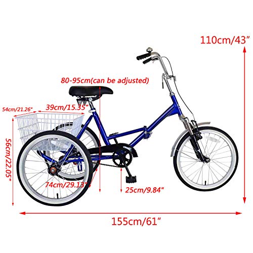 Bruce & Shark Adult Folding Tricycle Bike 3 Wheeler Bicycle Portable Tricycle 20" Wheels Blue