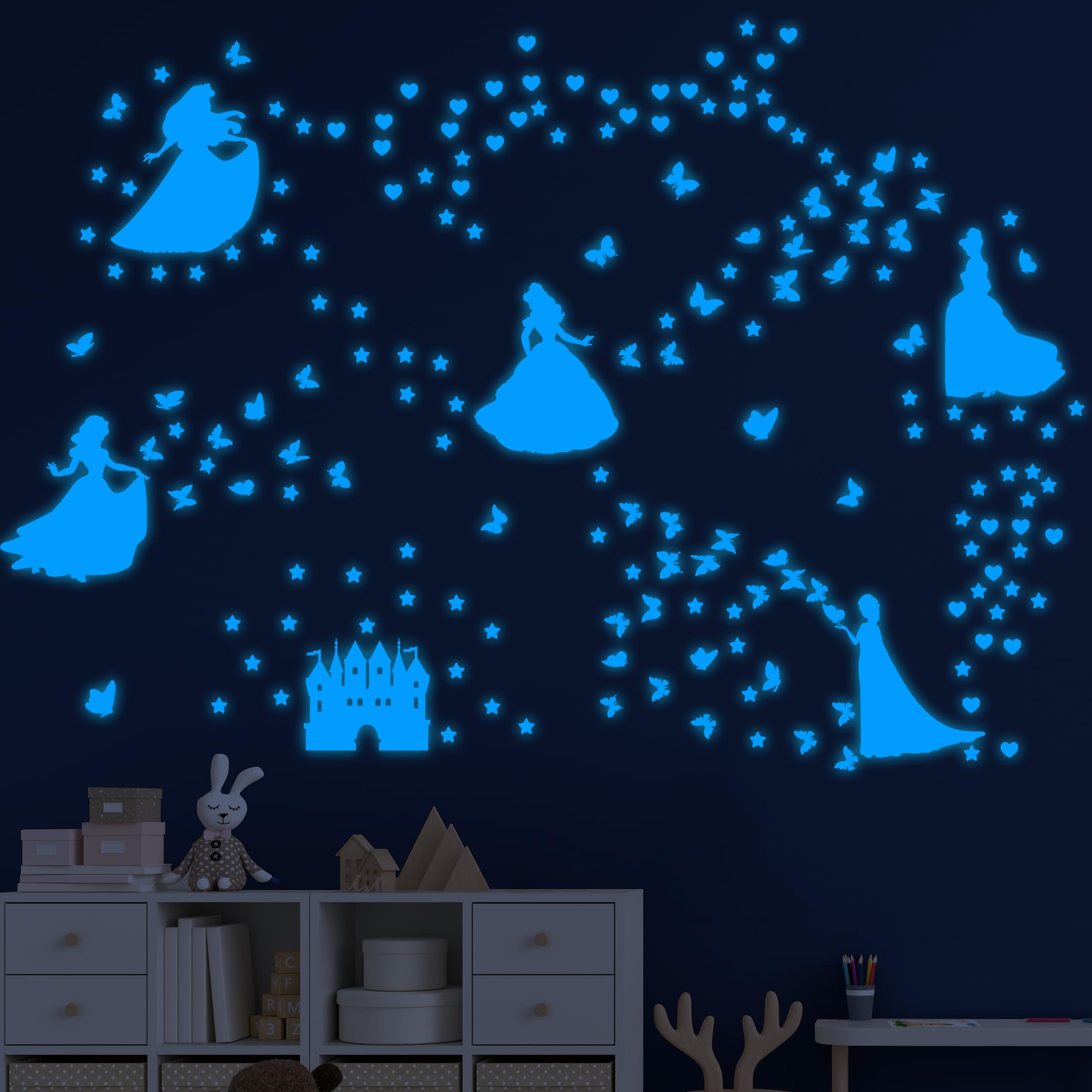 Glow in The Dark Princess Castle Wall Sticker, Self-Adhesive Star Butterfly Wall Decal for Girl's Room, Fluorescent Sticker for Ceiling Nursery (Blue)