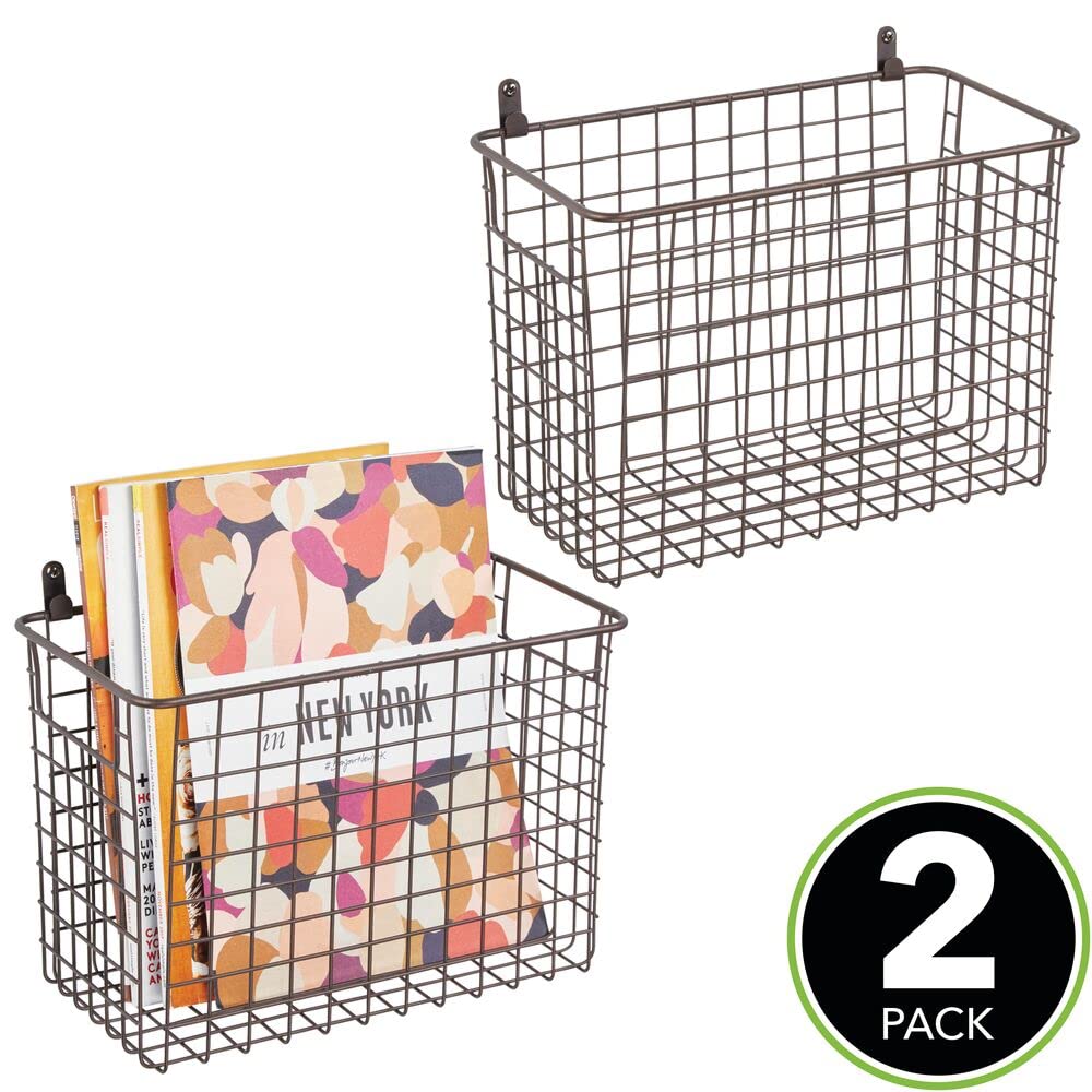 mDesign Portable Metal Wire Wall Mount Decor Storage Organizer Basket Bin - Hang in Kitchen, Garage, Entryway, Mudroom, Bedroom, Bathroom, Laundry Room - Concerto Collection - 2 Pack - Bronze