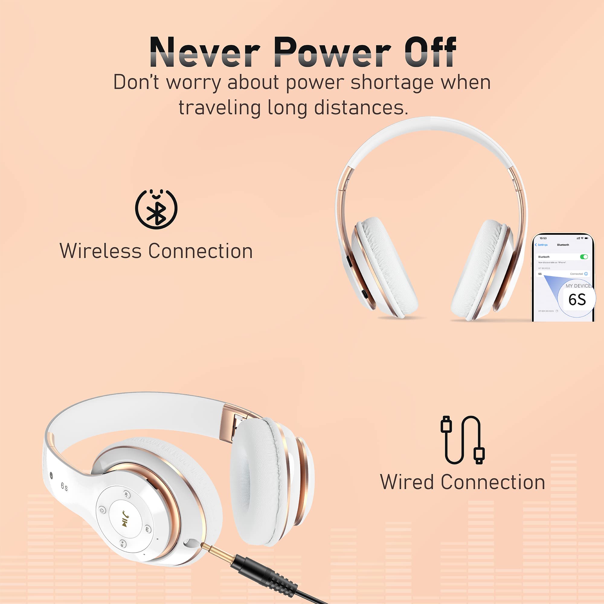 Bluetooth Headphones Over Ear, 6S Foldable Wireless Headphones with 6 EQ Modes, 40 Hours Playtime HiFi Stereo Headset with Mic, Soft Ear Pads, TF/FM for Cellphone/PC/Home (White & Gold)