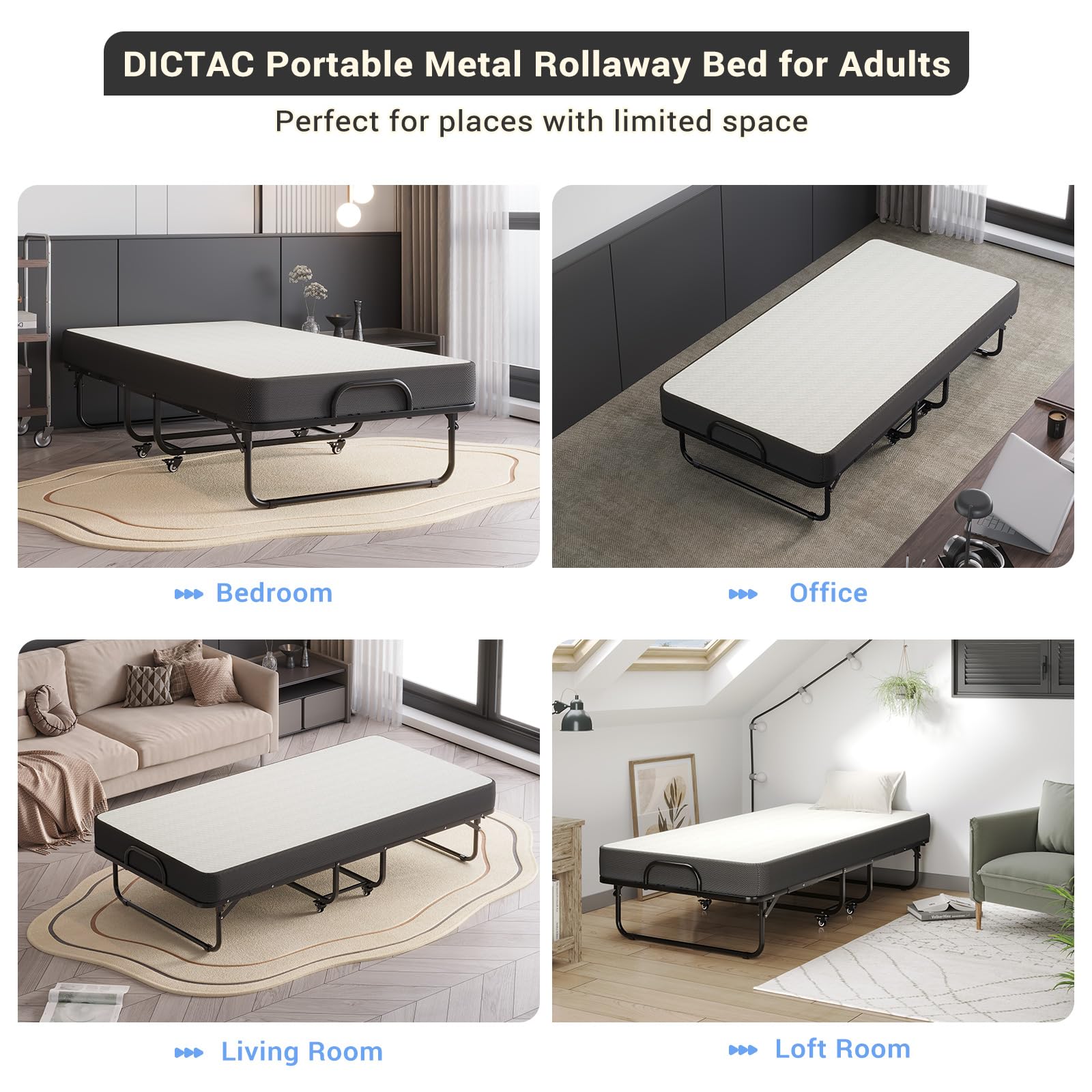 DICTAC Folding Bed with Mattress 75x38 Twin Size Bed Frame Portable Foldable Guest Bed for Adults Rollaway Bed with Wheels Fold up Bed with Metal Slats Bed Frame- 5'' Luxurious Memory Foam Mattress