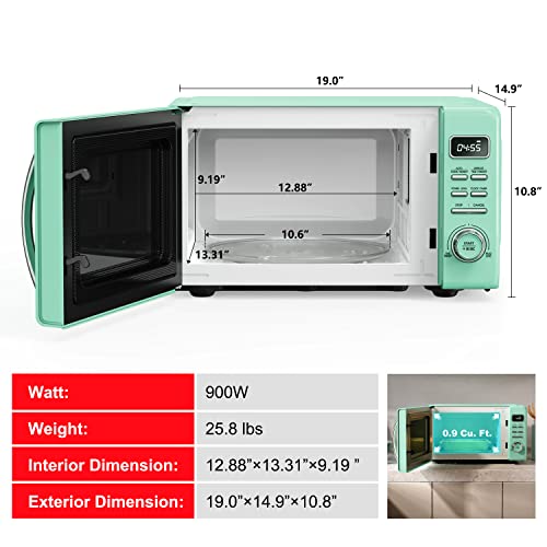Galanz GLCMKZ09GNR09 Retro Countertop Microwave Oven with Auto Cook & Reheat, Defrost, Quick Start Functions, Easy Clean with Glass Turntable, Pull Handle.9 cu ft, Green