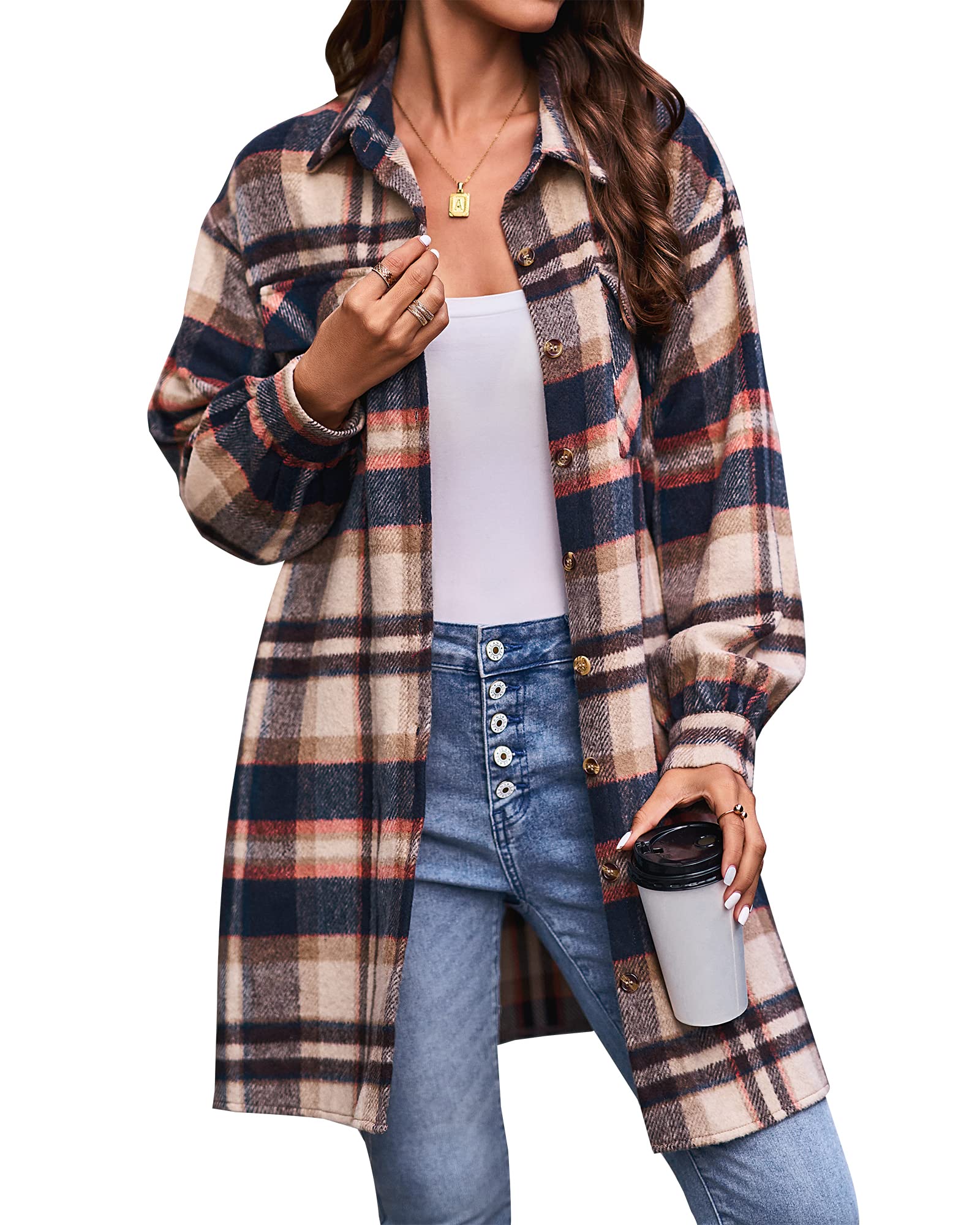 BTFBM Women's Corduroy Shacket Jacket Shirts Lapel Long Sleeve Oversized 2023 Fall Winter Button Down Shirt Dress Pocket(Plaid Orange, Small)